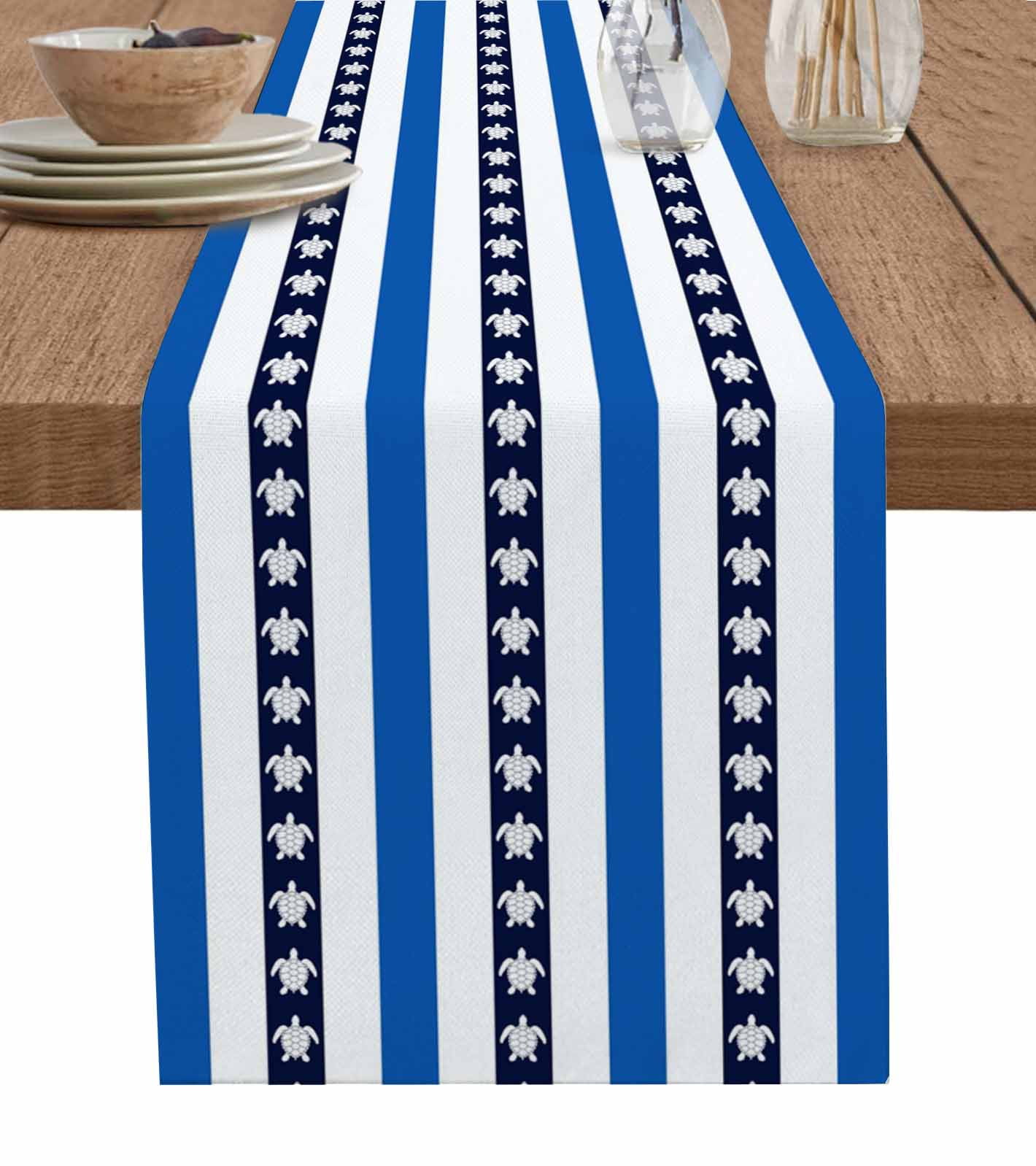 Coastal Turtle Table Runner 72 Inches, Blue Stripe Navy White Geometric Ocean Bed Runner Dresser ...