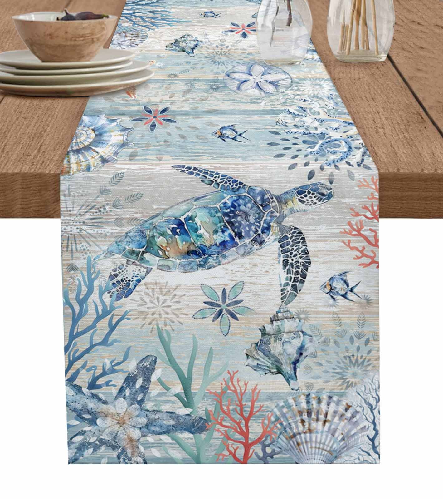 Coastal Turtle Table Runner 72 Inches, Nautical Ocean Conch Coral ...