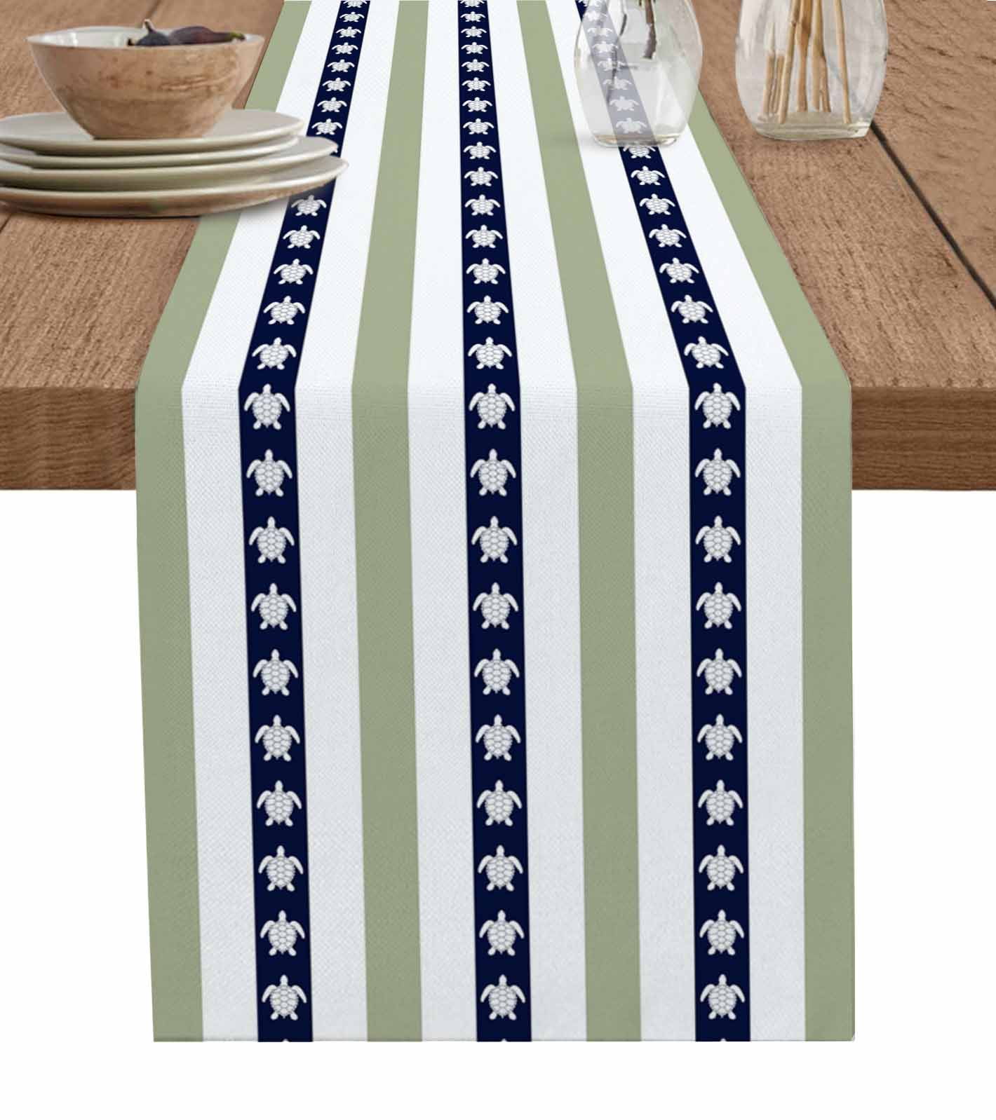 Coastal Turtle Table Runner 72 Inches, Sage Green Stripe Navy White ...