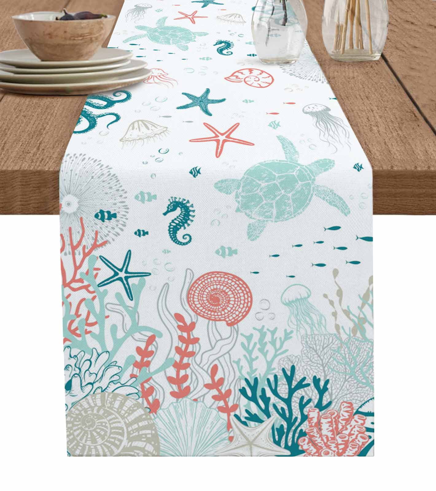 Coastal Turtle Table Runner 90 Inches, Teal Green Ocean Coral Starfish ...