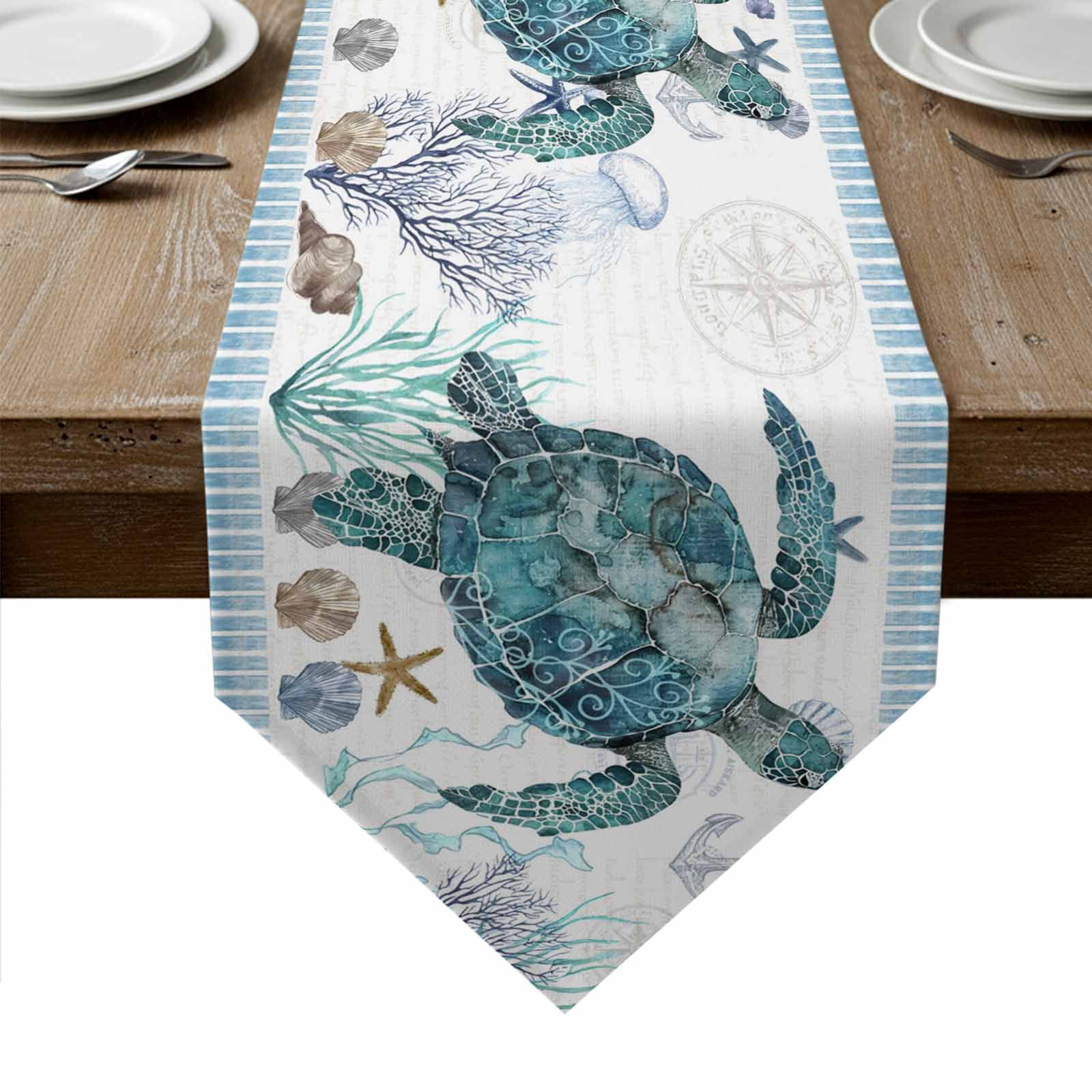 Coastal Turtle Table Runner Linen Burlap Table Runner 120 Inches Long ...