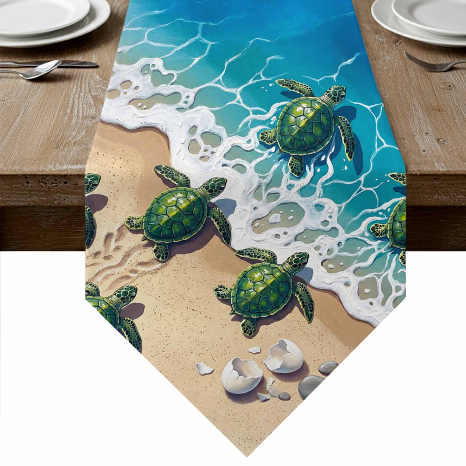 Coastal Turtle Table Runner Linen Burlap Table Runner 120 Inches Long ...