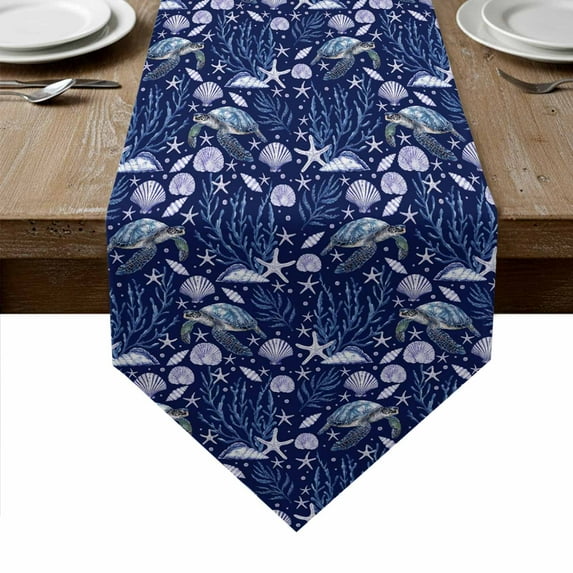 Coastal Turtle Table Runner Linen Burlap Table Runner 36 Inches Small ...