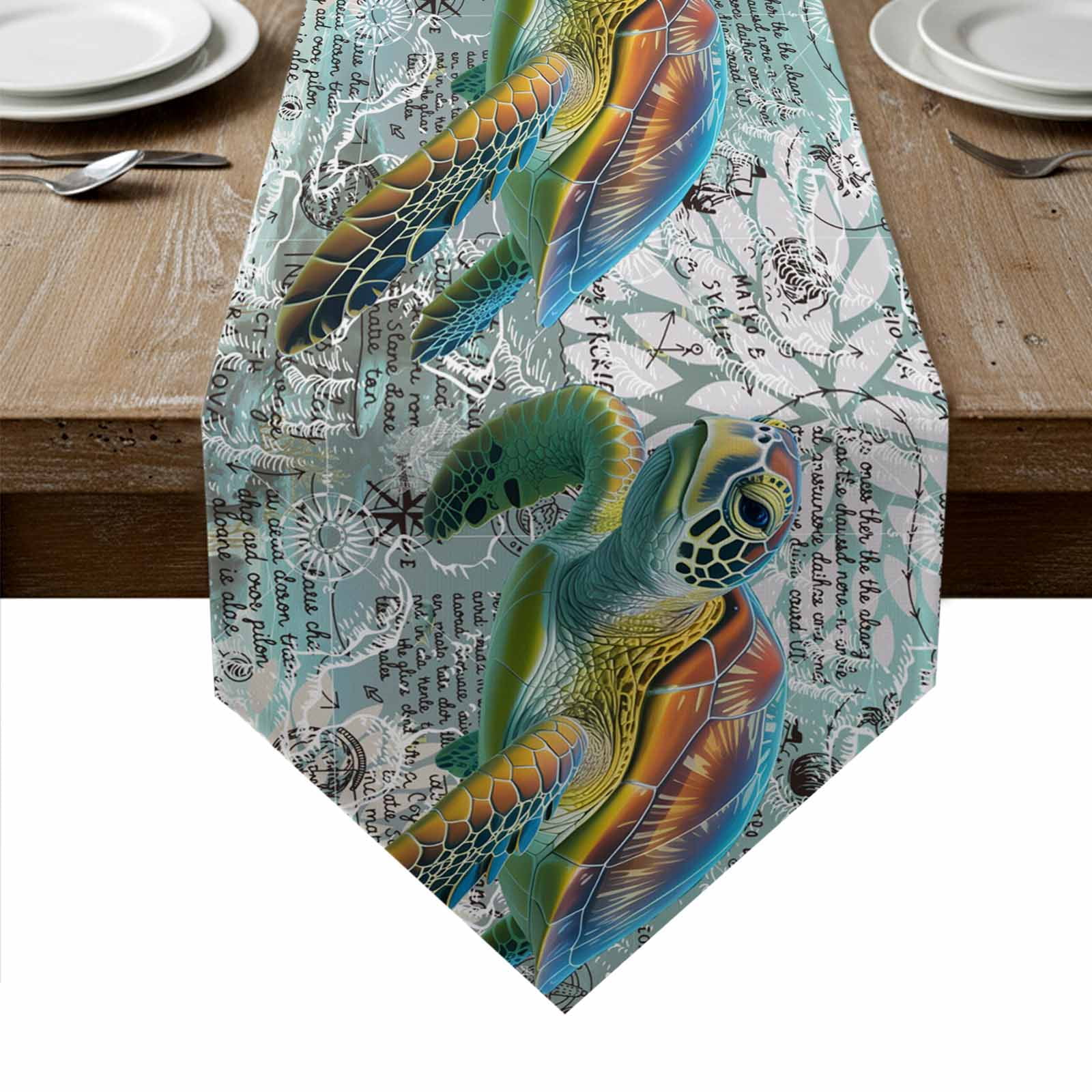 Coastal Turtle Table Runner Linen Burlap Table Runner 70 Inches Long ...
