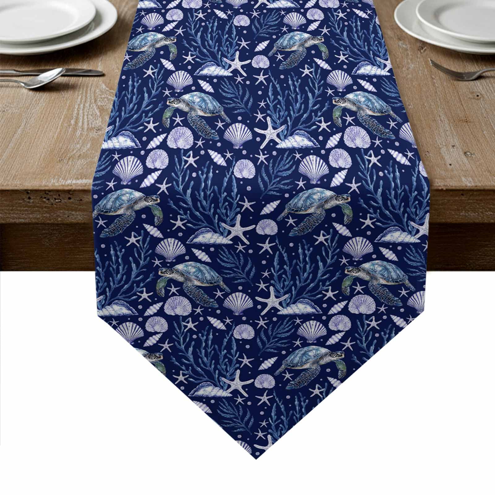 Coastal Turtle Table Runner Linen Burlap Table Runner 72 Inches Long ...