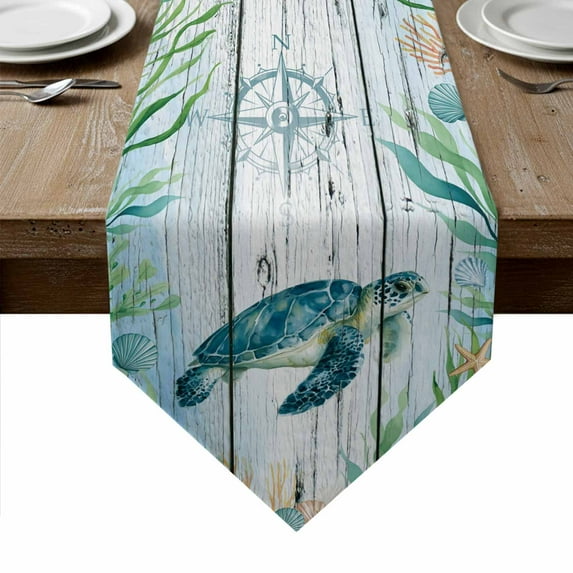 Coastal Turtle Table Runner Linen Burlap Table Runner 72 Inches Long ...
