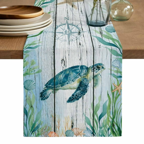 Coastal Turtle Table Runner, Nautical Ocean Shells Seaweeds Starfish ...