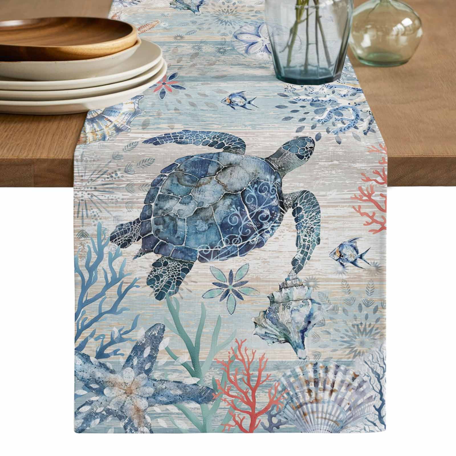 Coastal Turtle Table Runner, Rustic Nautical Starfish Conch Coral Wood ...