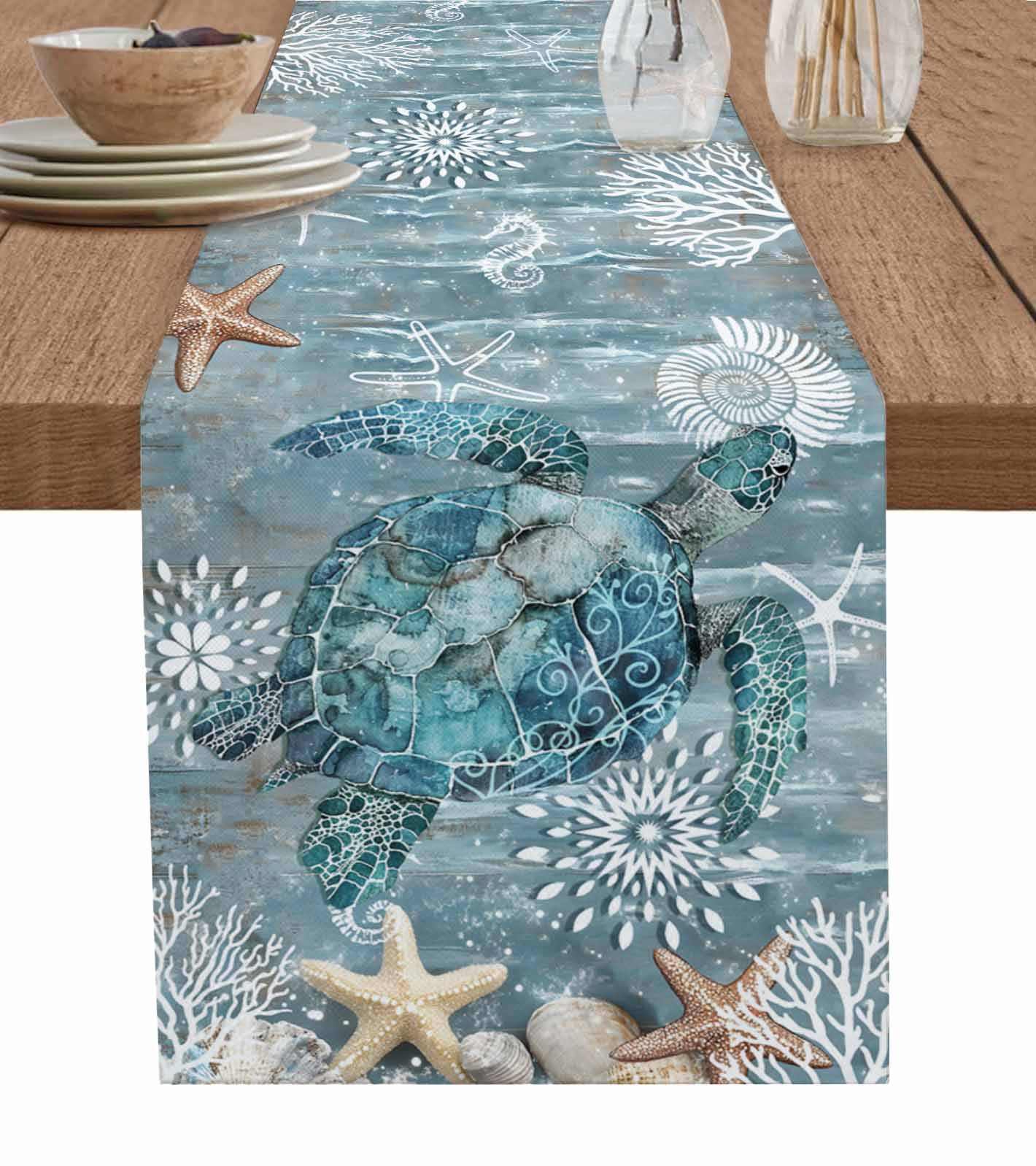 Coastal Turtle Table Runner Summer Nautical Teal Beach Starfish Coral ...