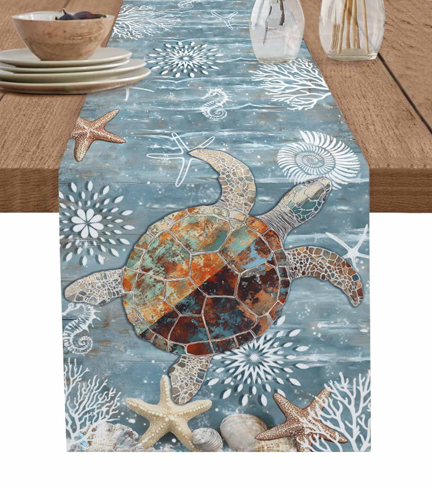 Coastal Turtle Table Runner Teal Nautical Ocean Starfish Coral ...