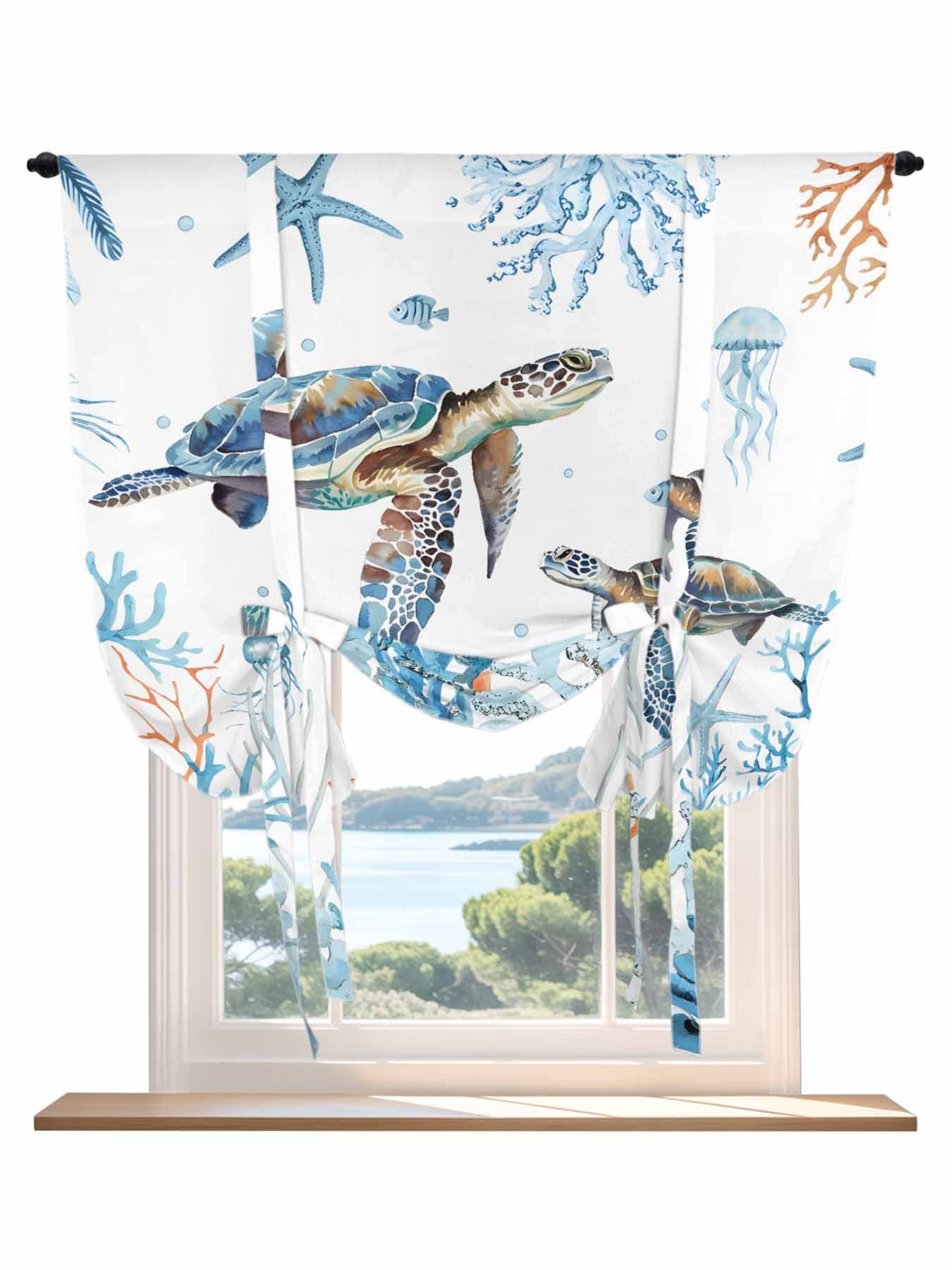Coastal Turtle Tie Up Curtains for Windows 45 Inch Length Balloon ...