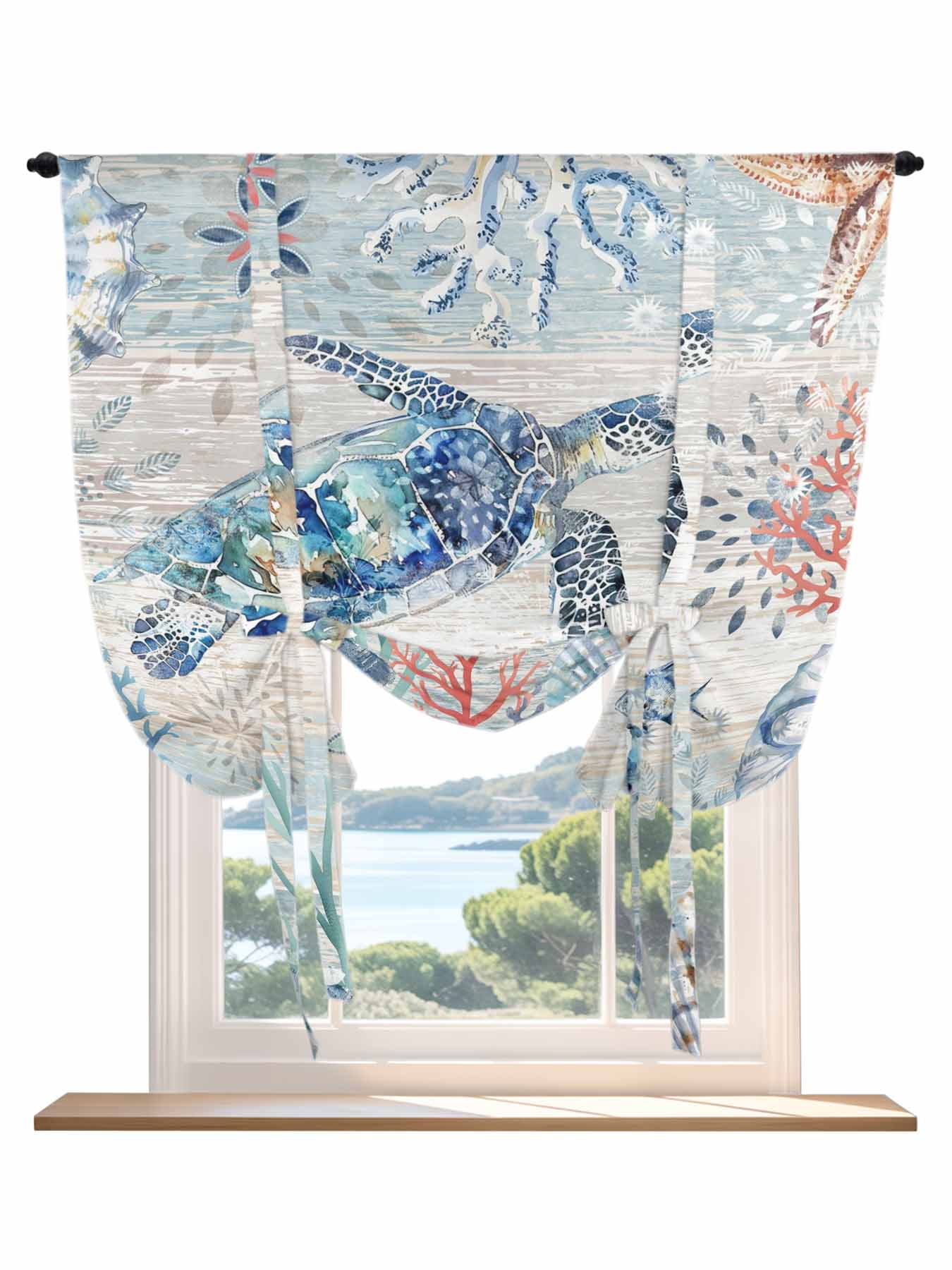 Coastal Turtle Tie Up Curtains for Windows 54 Inch Length Balloon ...