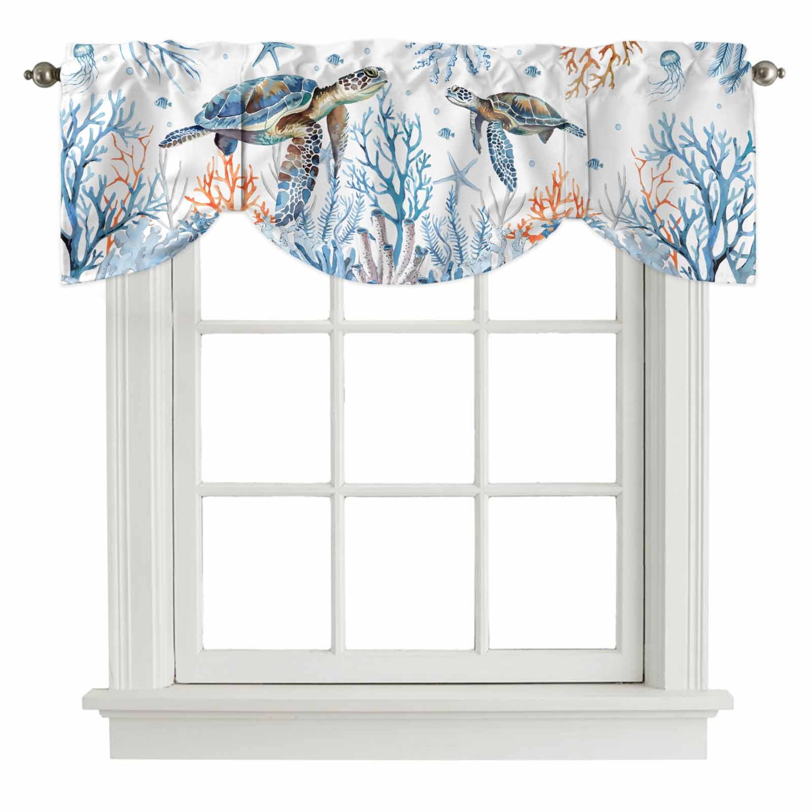 Coastal Turtle Tie Up Valance Curtains for Windows, Kitchen Curtains ...