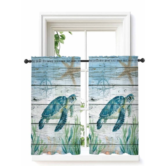Coastal Turtle Tier Curtains 45 Inch Length,Sheer Curtains for Bedroom ...