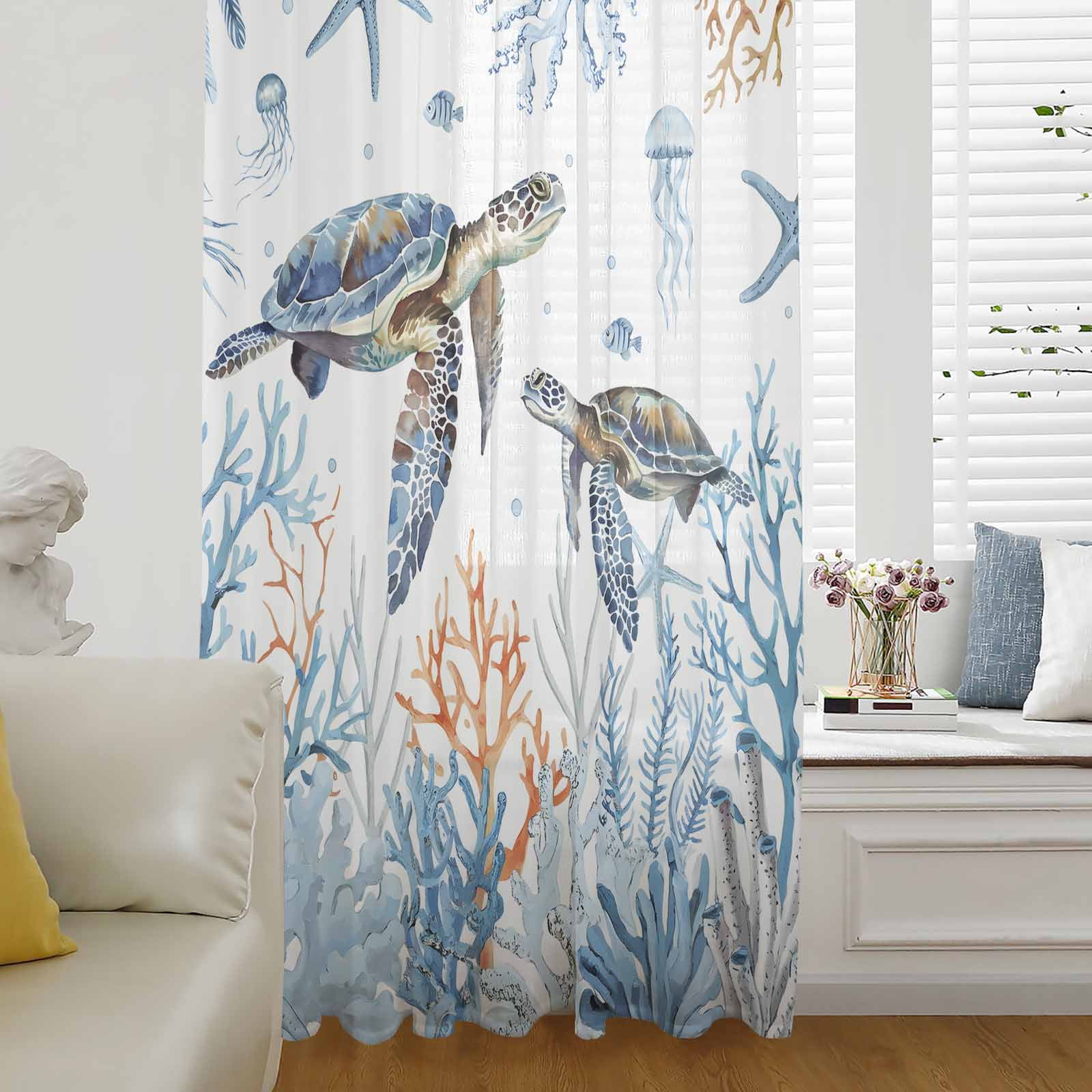 Coastal Turtle Window Curtain 45 Inches Long,Blue Ocean Coral Starfish ...