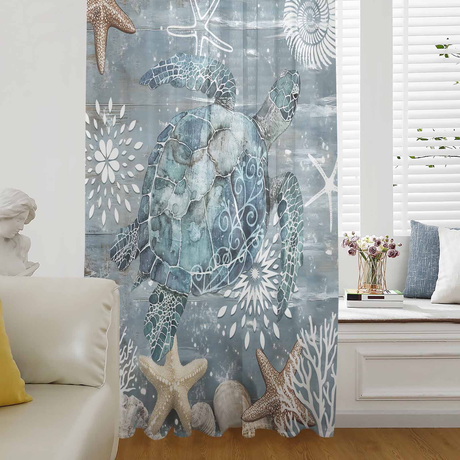 Coastal Turtle Window Curtain 45 Inches Long,Retro Ocean Coral Starfish ...