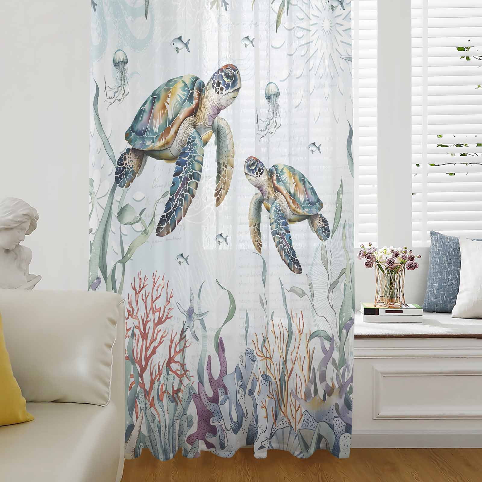 Coastal Turtle Window Curtain 72 Inches Long,Ocean Starfish Coral ...