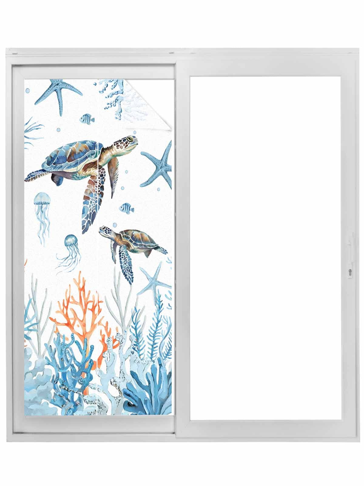 Coastal Turtle Window Privacy Film, Blue Ocean Coral Starfish Seagrass ...