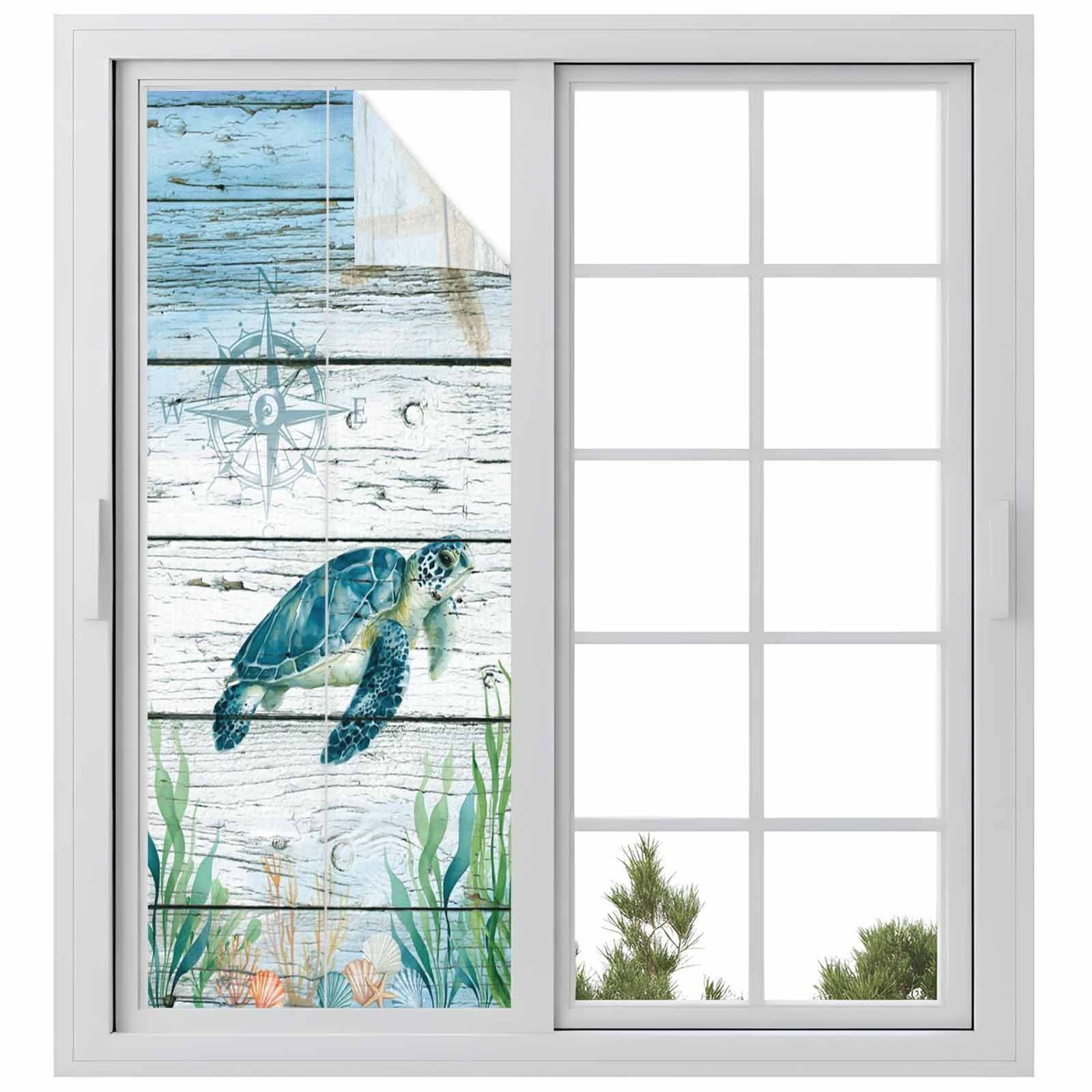 Coastal Turtle Window Privacy Film, Nautical Ocean Shells Seaweeds ...