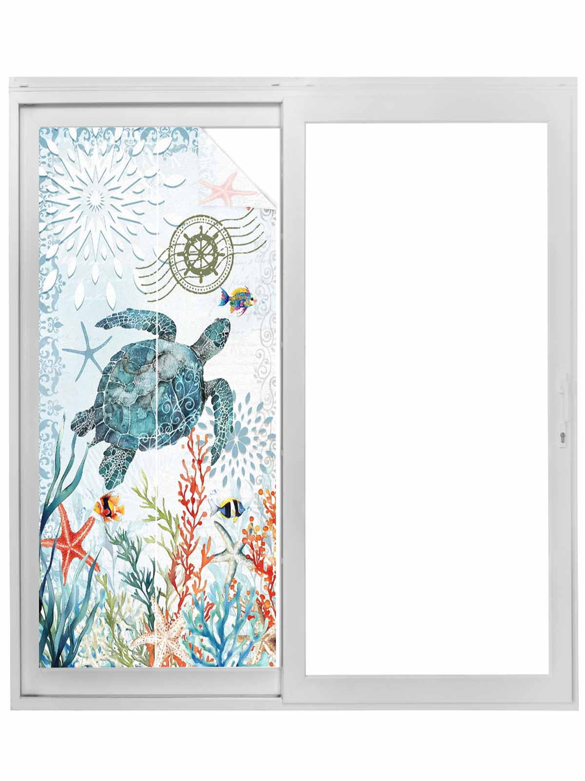 Coastal Turtle Window Privacy Film, Summer Beach Nautical Coral ...