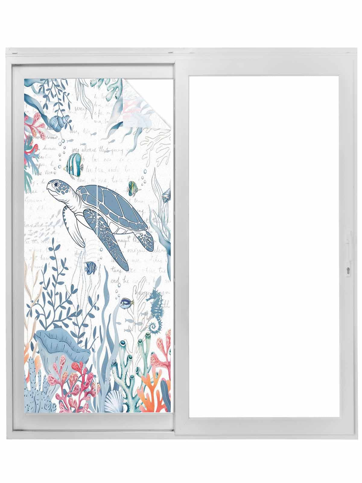 Coastal Turtle Window Privacy Film, Summer Beach Nautical Ocean Coral ...