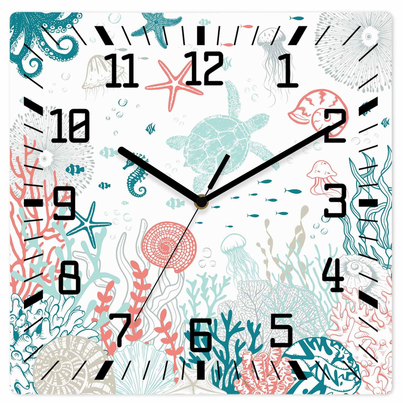 Coastal Turtle Wooden Wall Clock Silent Non Ticking, Teal Green Ocean ...