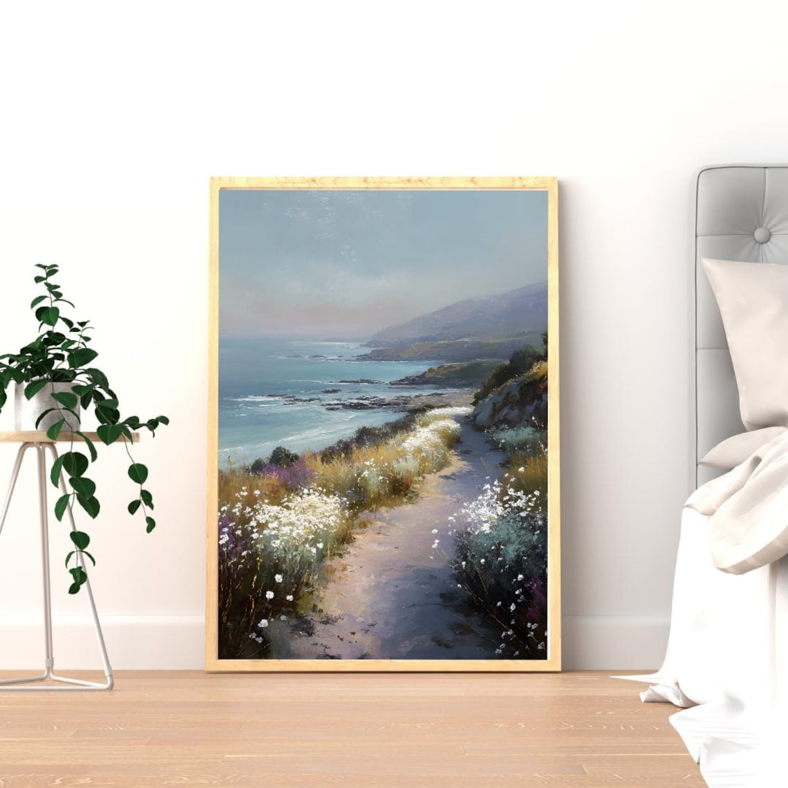 Coastal Twilight Cliffside Lavender Beach Decor Poster Decor, Stretched ...