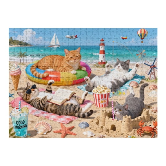 Coastal Vacation Cats Lounge Beach Wooden Jigsaw Puzzle 500 Pieces for ...