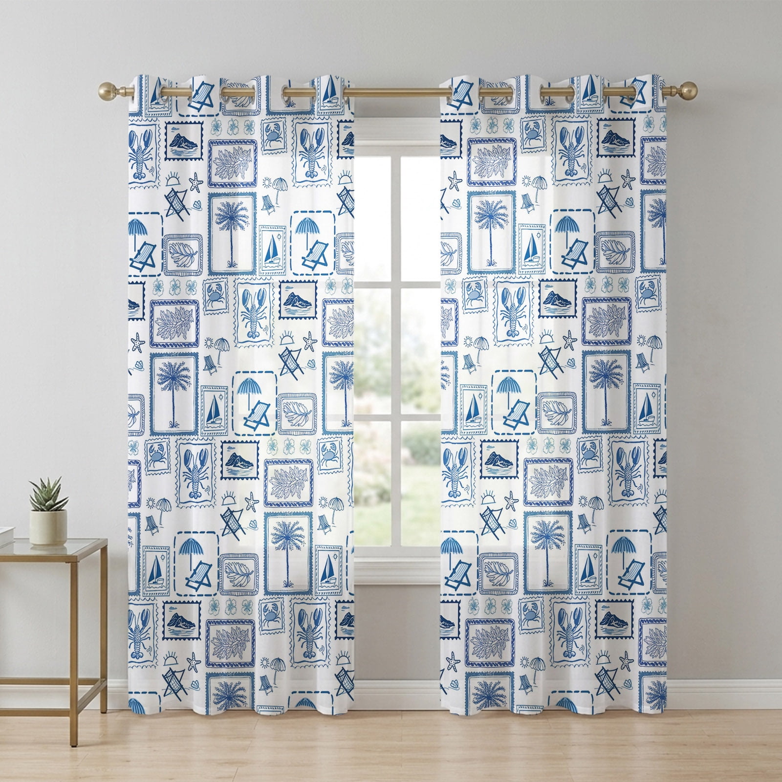 Coastal Vacation Sheer Curtains 90 Inch Long 2 Panels, White Summer ...