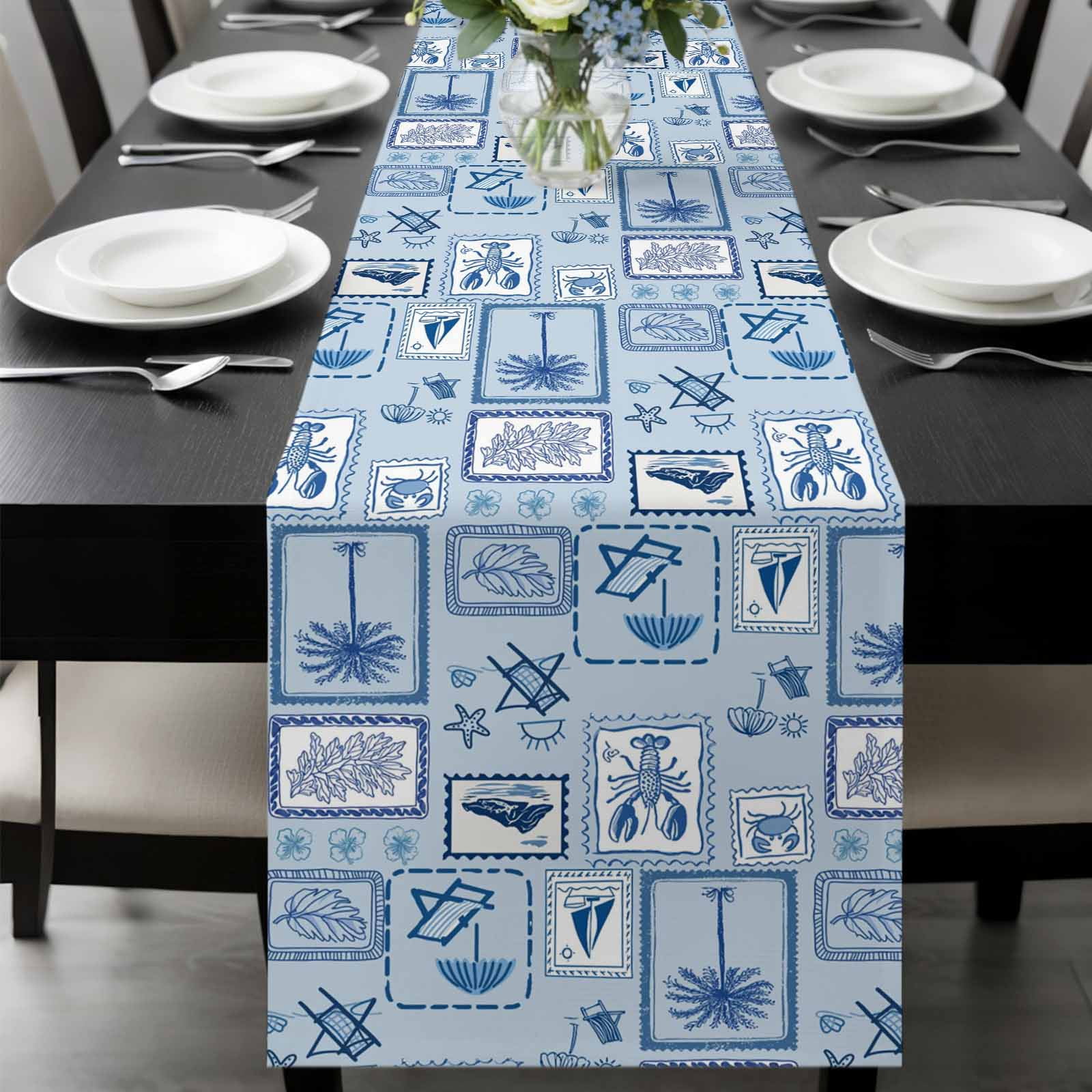 Coastal Vacation Table Runner, Blue White Summer Coconut Trees Lobster ...