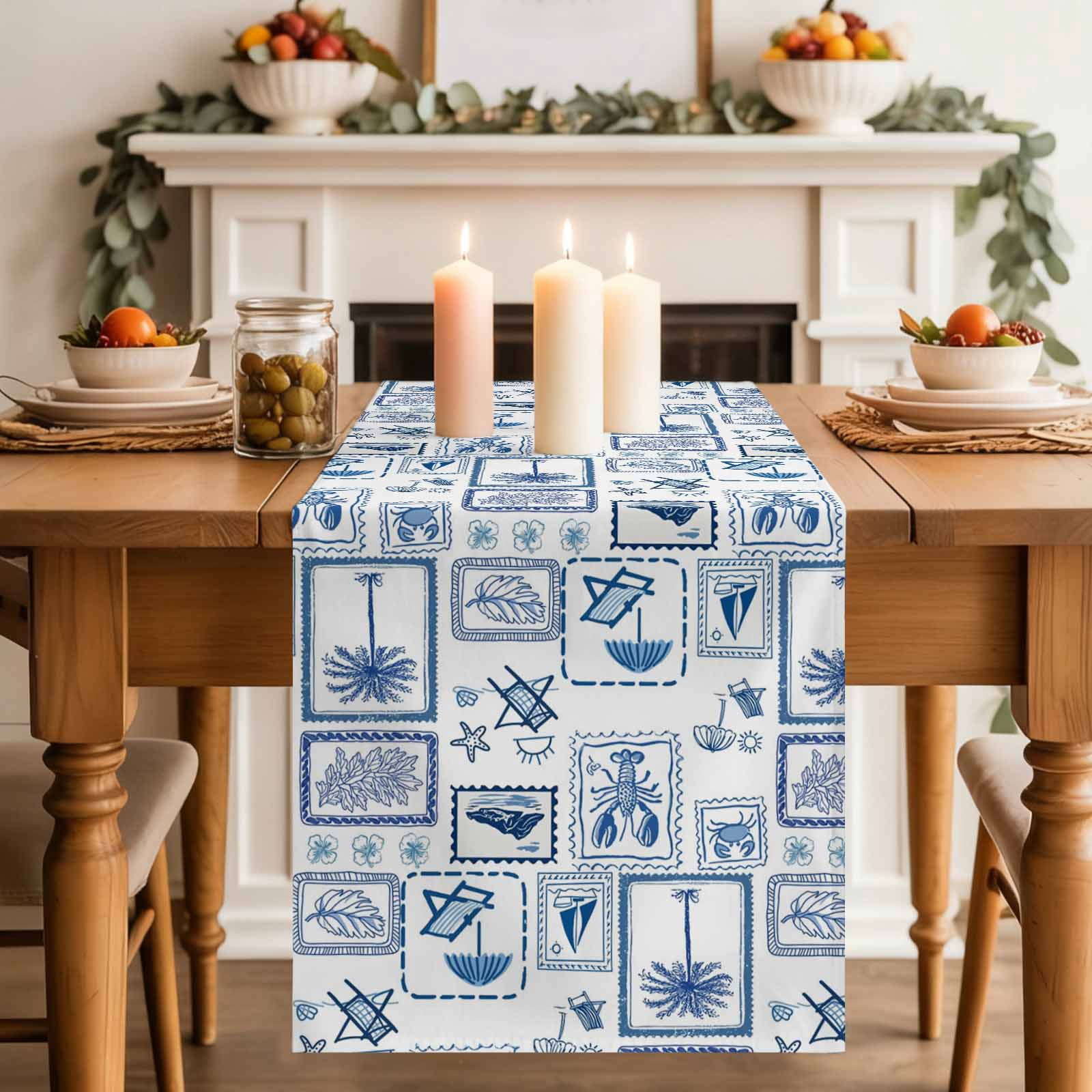 Coastal Vacation Table Runner, White Summer Coconut Trees Lobster Plaid ...
