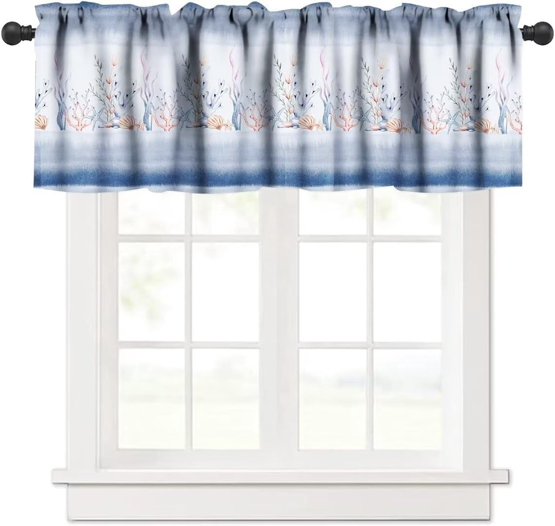 Coastal Valance Curtain, Abstract Nautical Vintage Seashell Corals ...