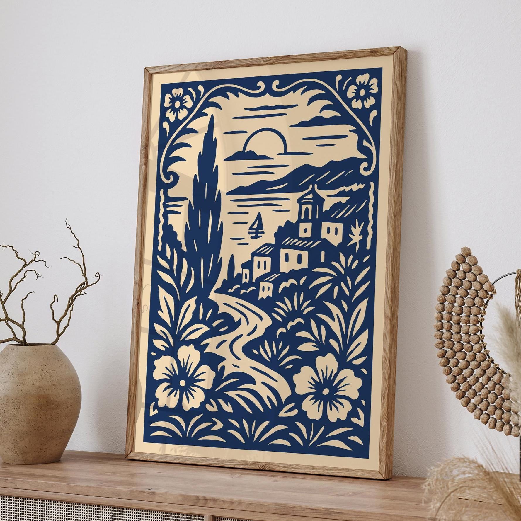 Coastal Village Art Print: Retro Nautical Landscape, Boho Cottagecore ...