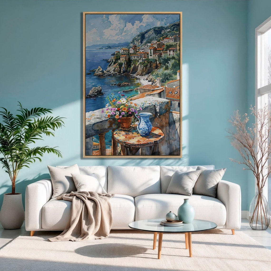 Coastal Village, Mediterranean Balcony View Art, Unframed Canvas Size ...