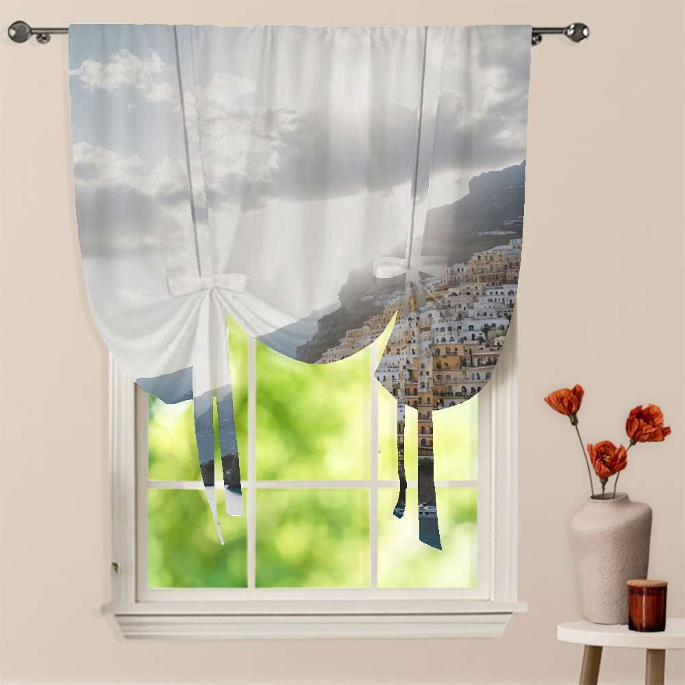 Coastal Village Sunset Glow Window Curtain for Living Room Roman Curtain Kitchen Tie-up Curtains ...