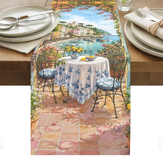 Coastal Village Table Runner, Rustic Open Window Balcony Table Lemon ...