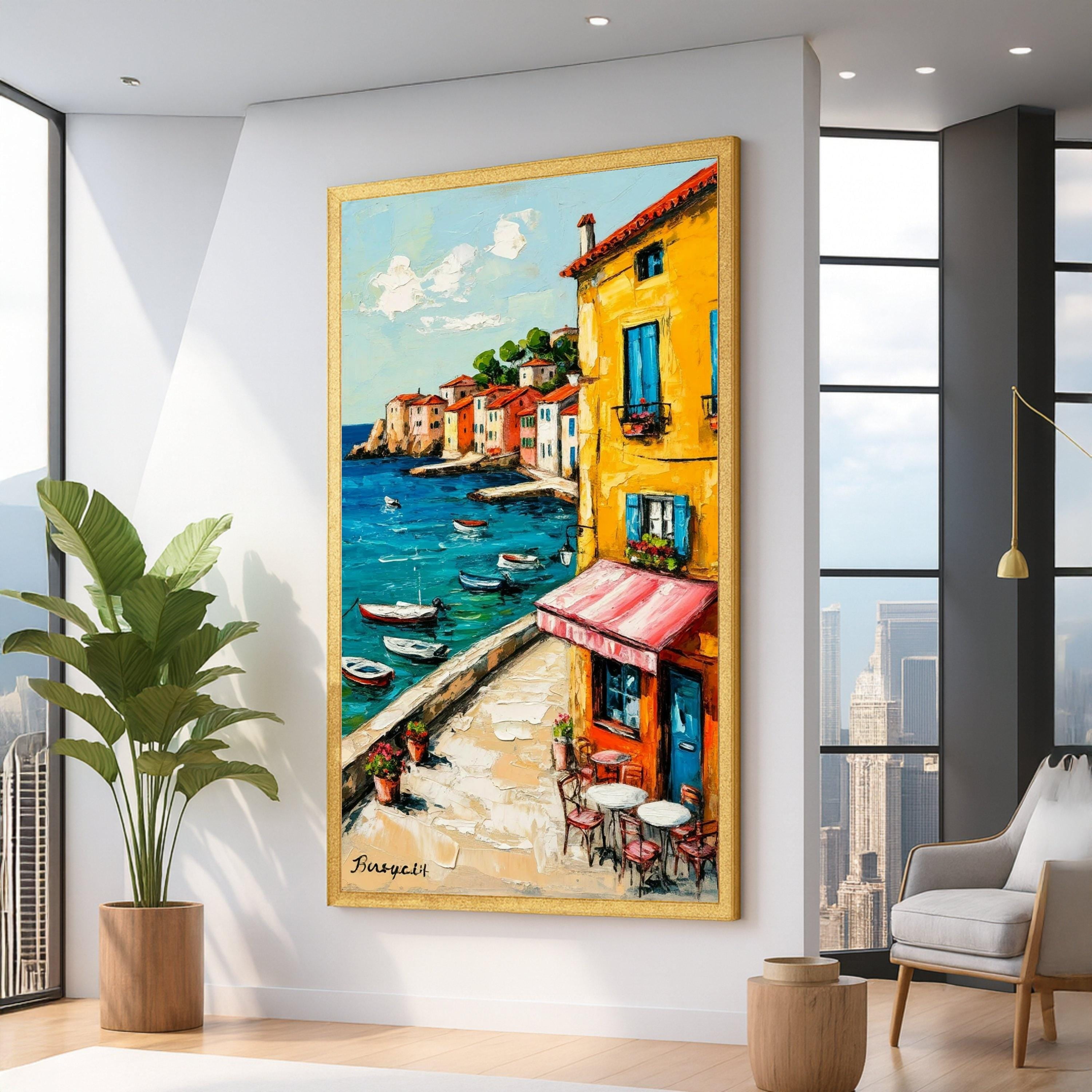 Coastal Village View, Mediterranean Harbor, Seaside Wall Art, Colorful ...