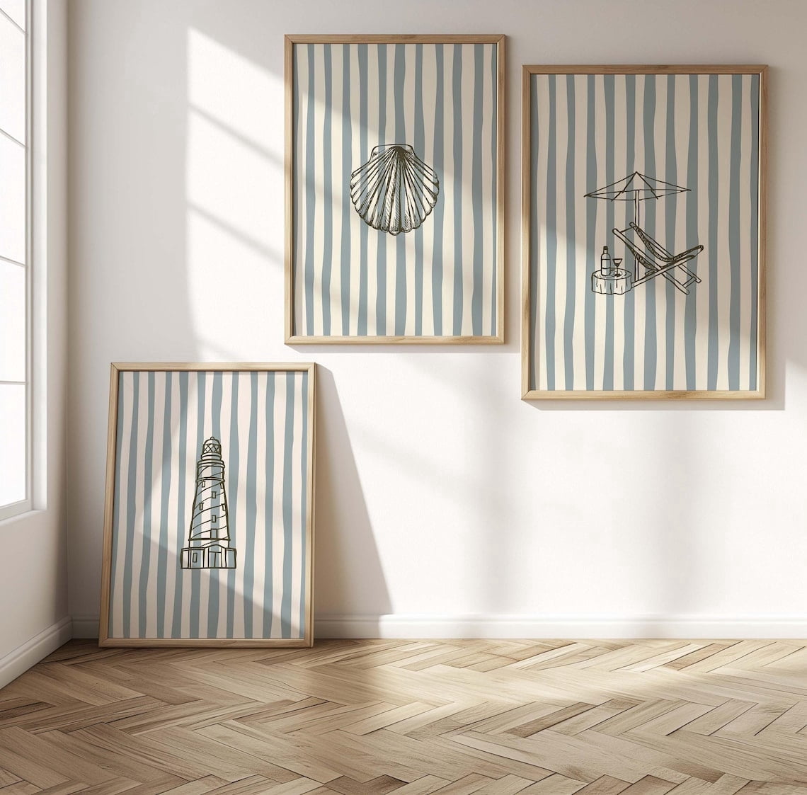 Coastal Wall Art Blue Nautical Lighthouse Shell Prints Set 3, Poster ...