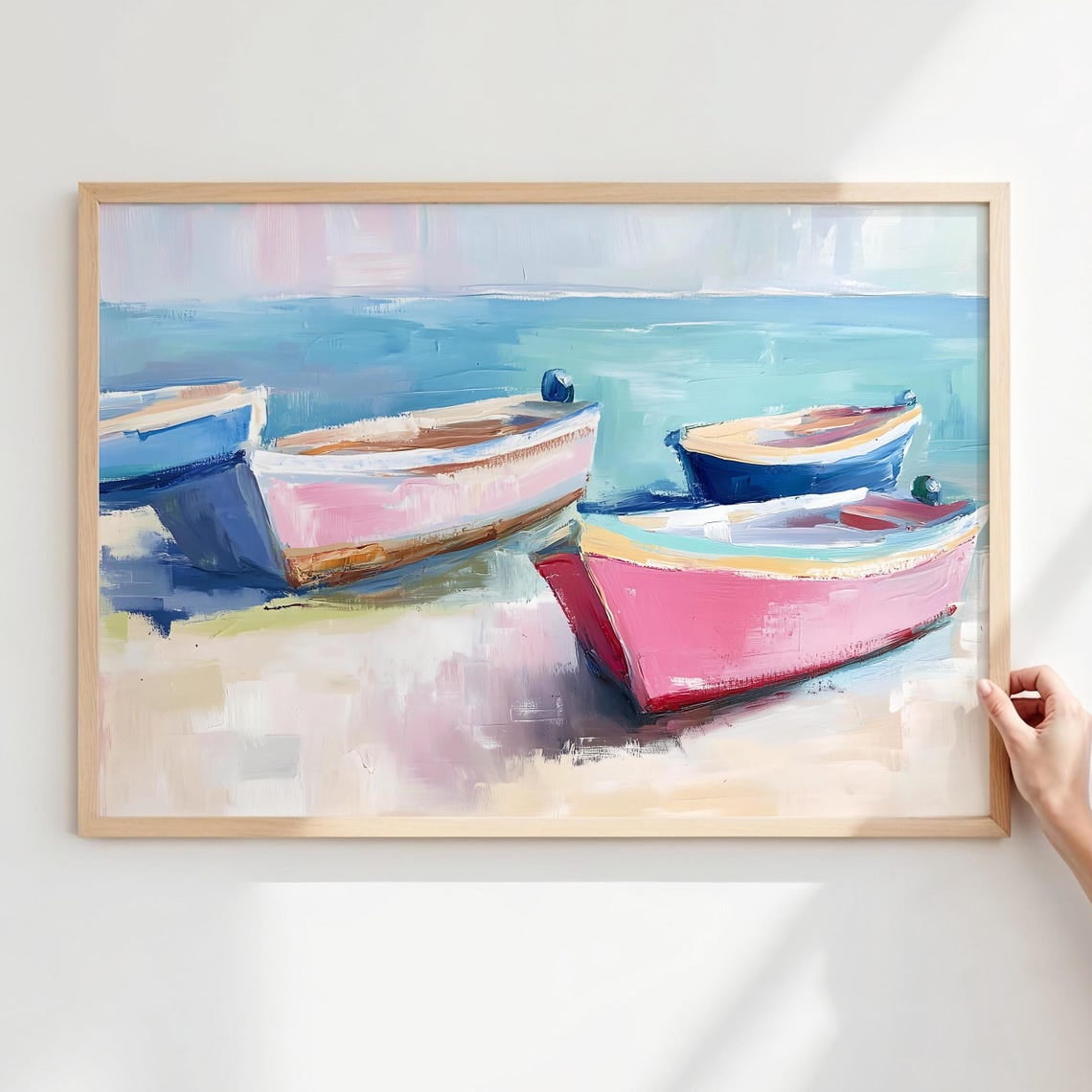 Coastal Wall Art Horizontal, Pastel Row Boats On Beach Painting, Beach ...
