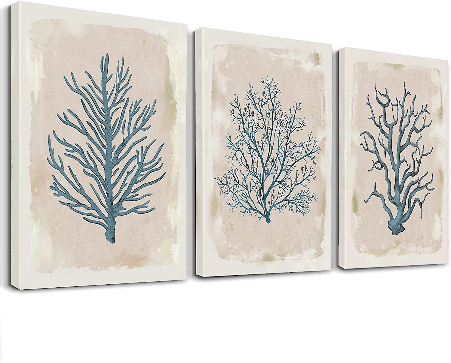 Coastal Wall Art Set For Bathroom - Dingo Blue Coral On Beige ...