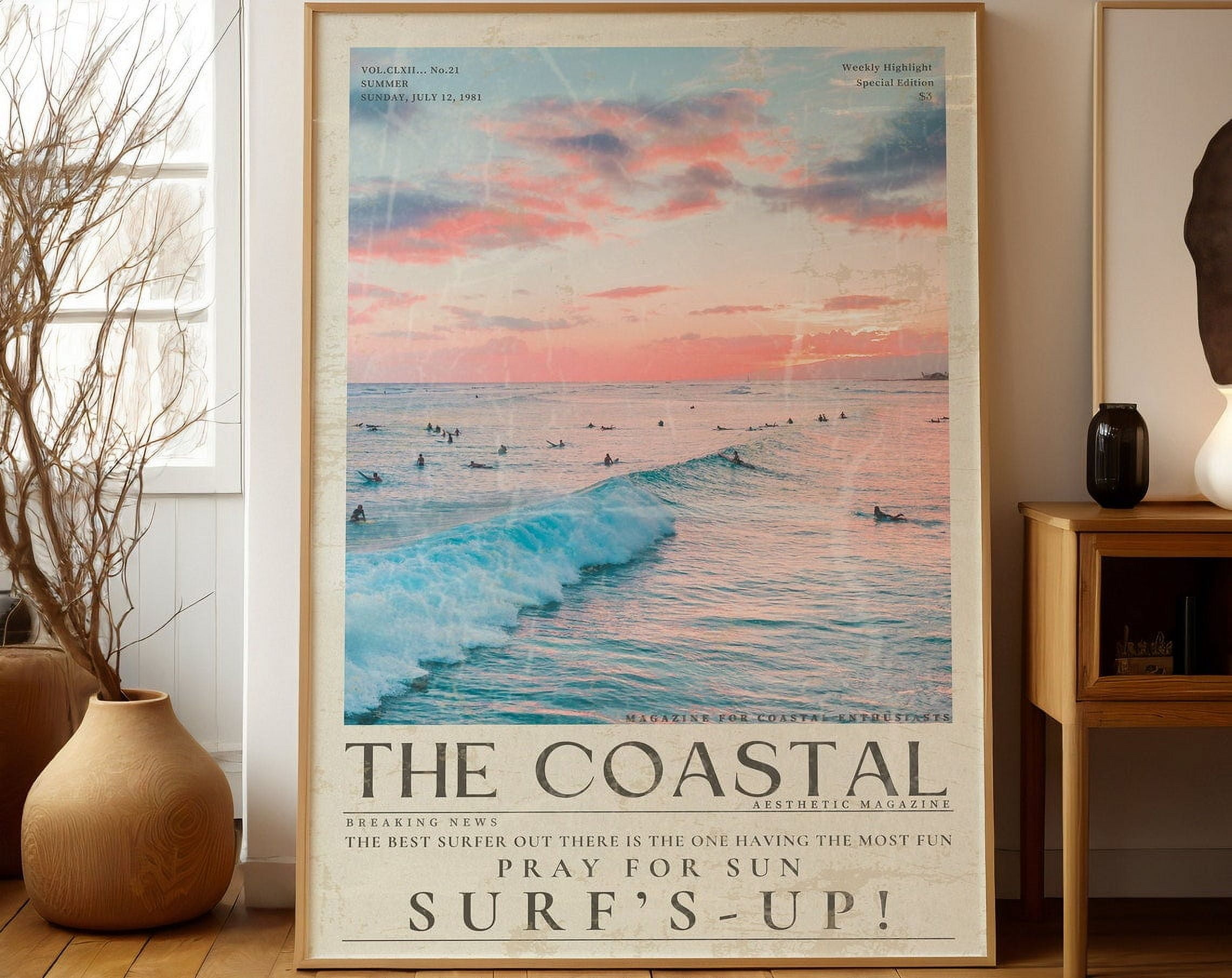 Coastal Wall Art Surf'S Up Print, Vintage Surfer Newspaper Art, Sunset ...
