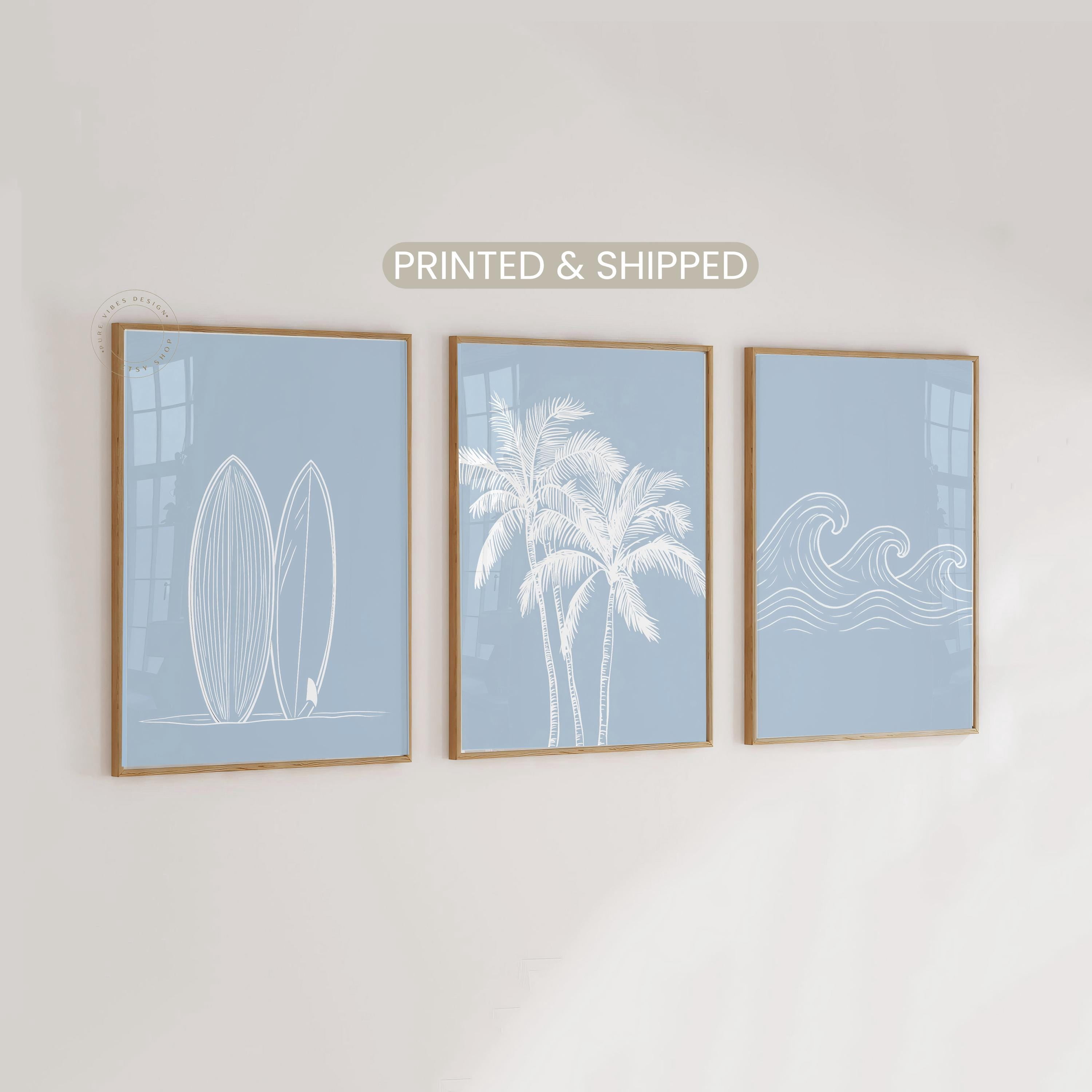 Coastal Wall Art Tropical Palm Tree Surf Prints Light Blue Beach Decor ...