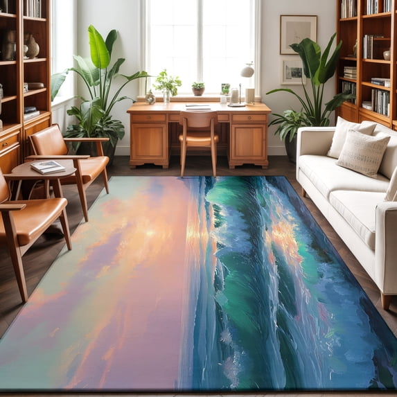 Coastal Washable Area Rug 2.7 x 5 ft Summer Bird Seagulls Waves Sunset ...