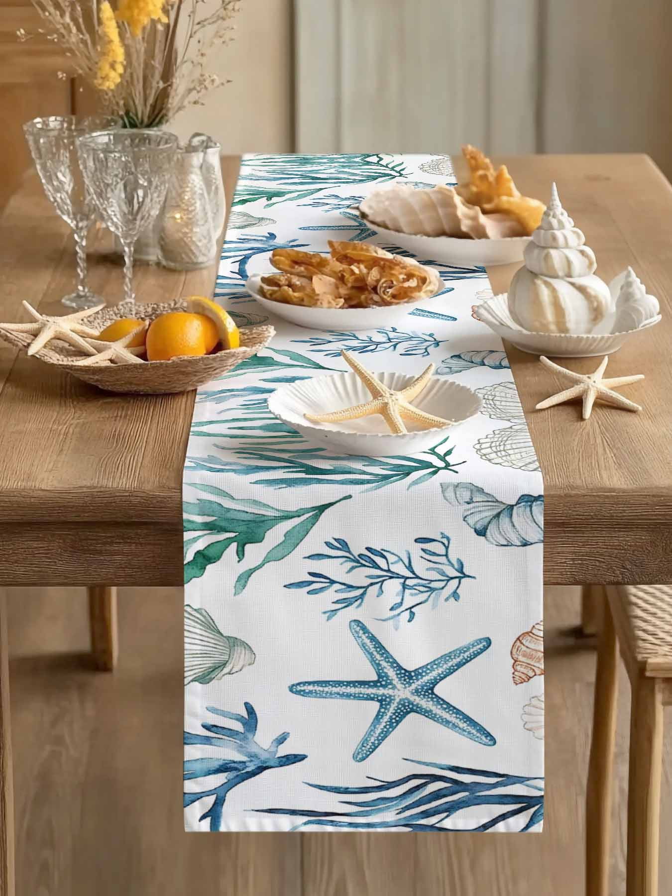 Coastal Watercolor Starfish Shell Table Runner 13x90in Non-Slip Cotton ...
