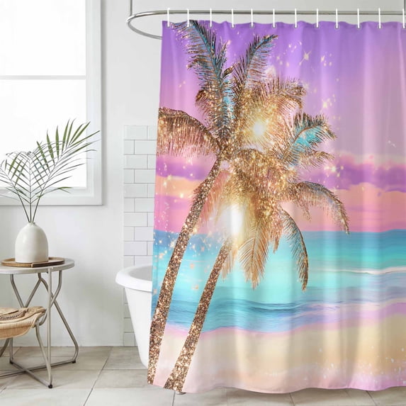 Coastal Waterproof Fabric Shower Curtain,Ocean Palm Tree Summer Beach ...