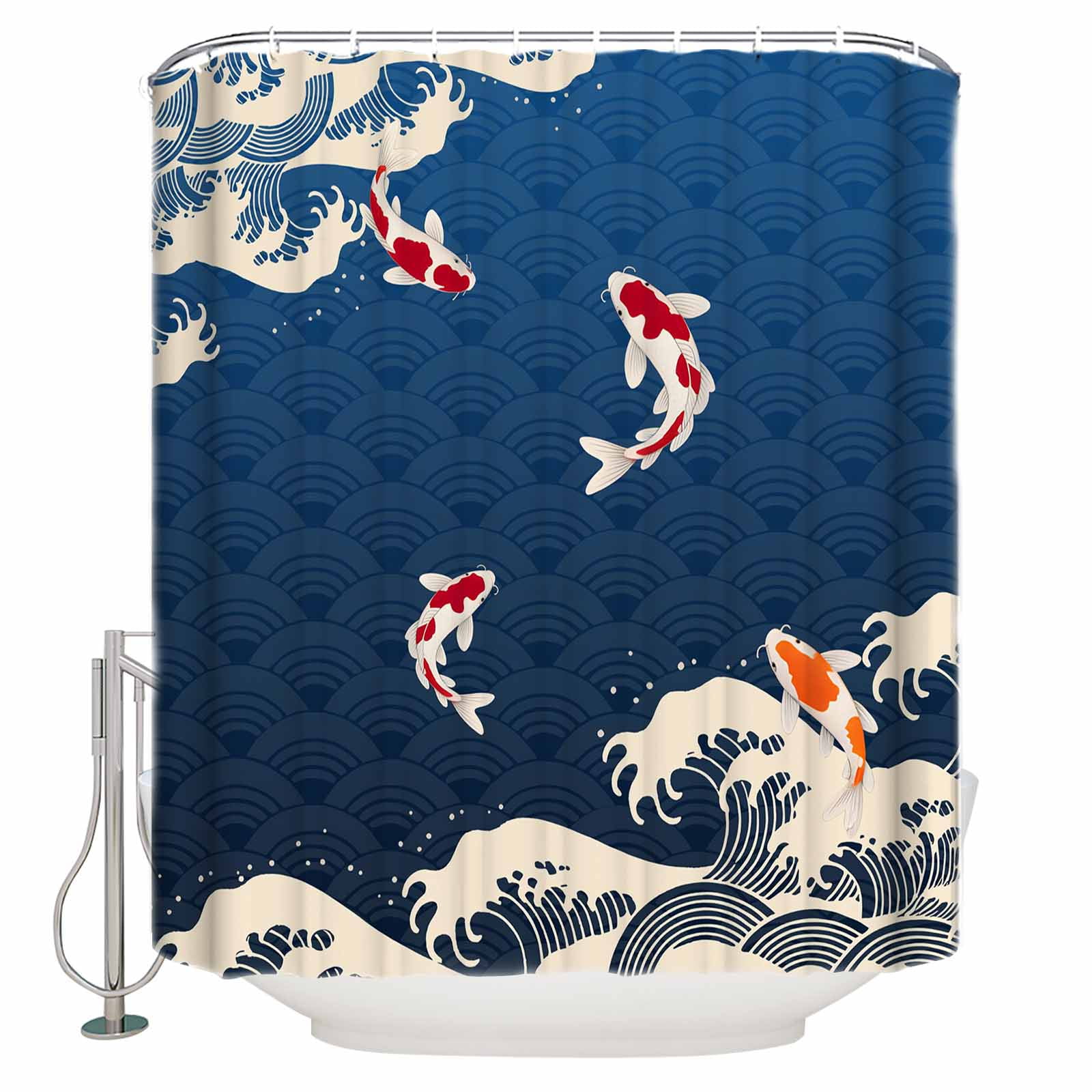 Coastal Wave Bathroom Shower Curtains with 12 Hooks Polyester ...