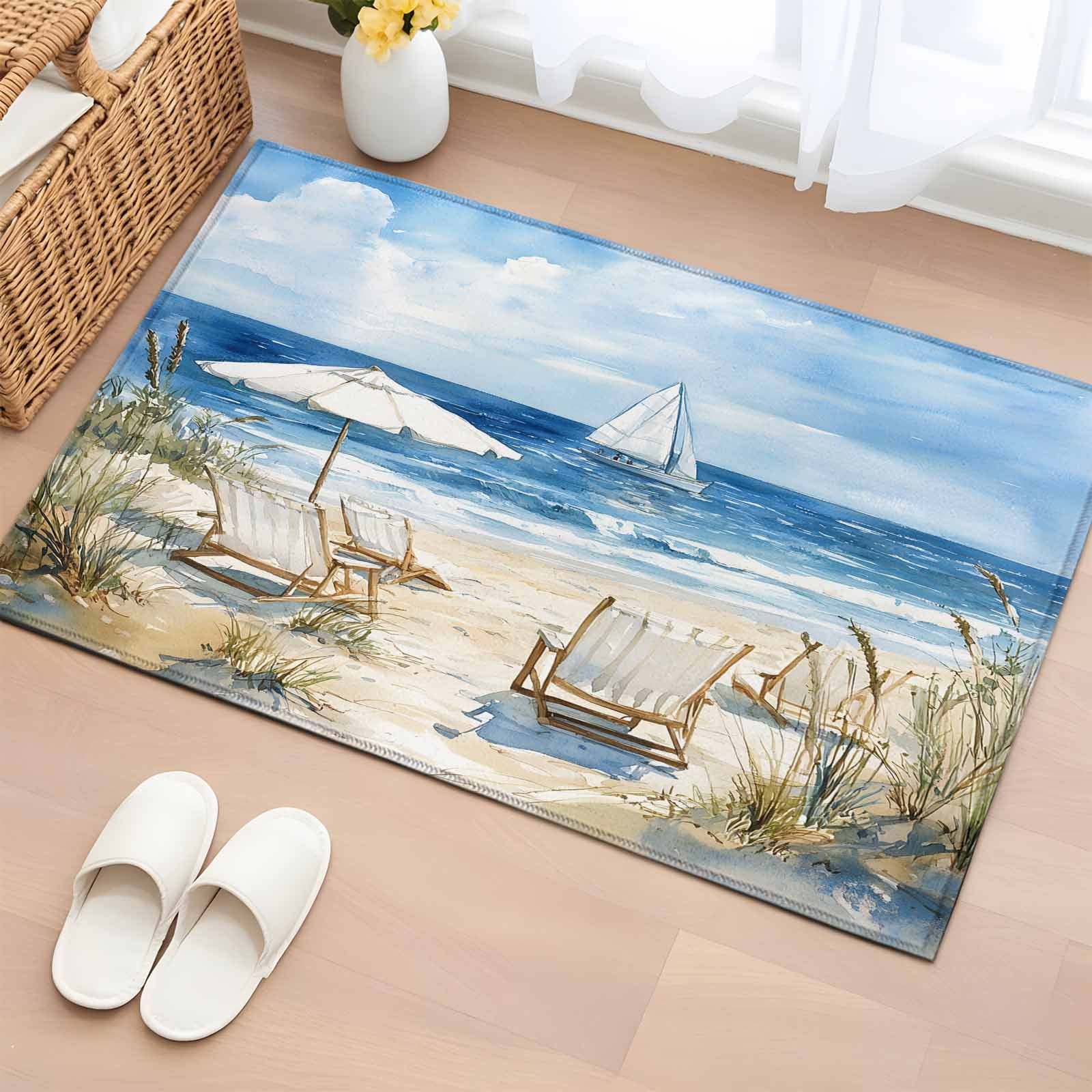 Coastal Wave Bliue Bathroom Rug Washable 2x3 Entryway Rug Non Slip ...