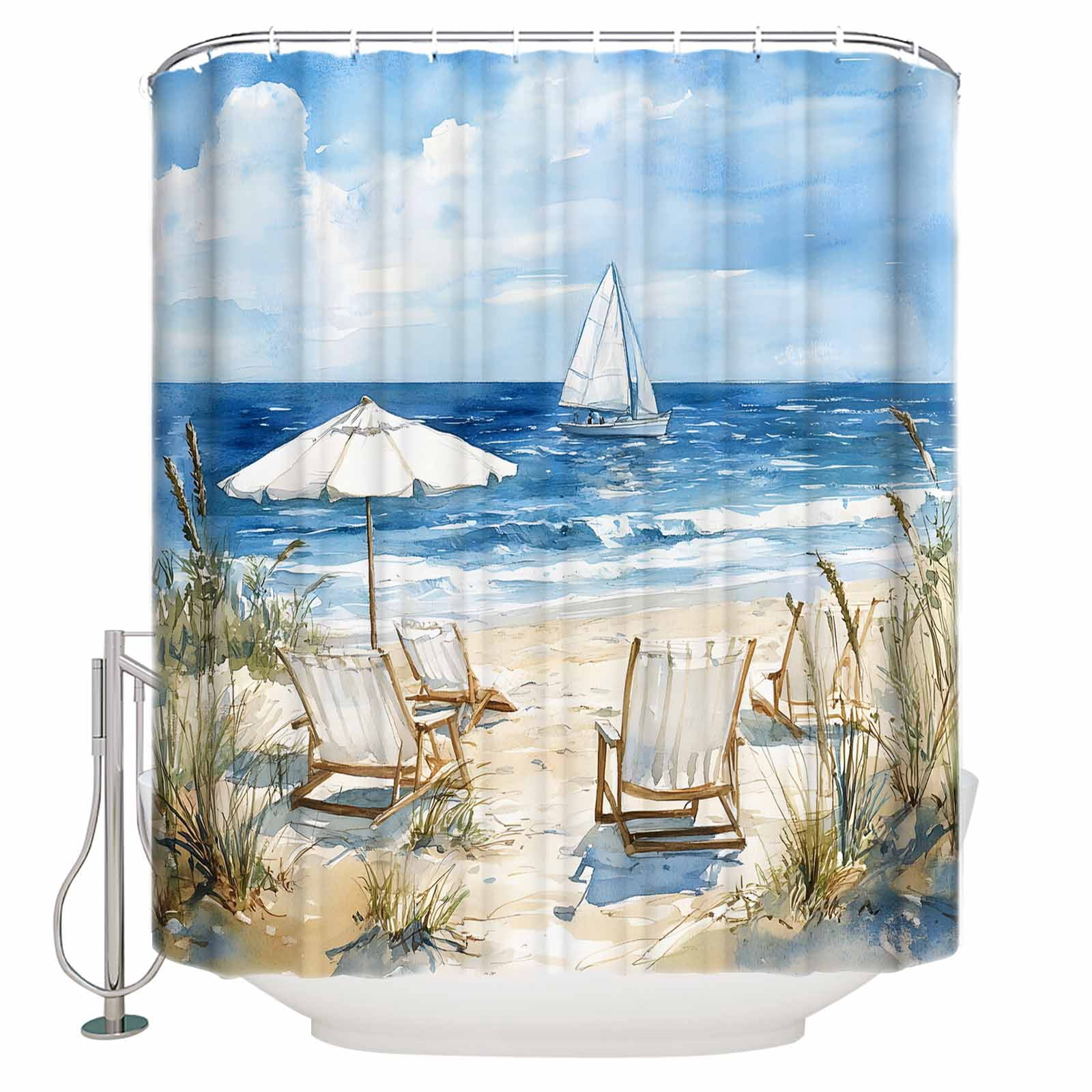 Coastal Wave Bliue Bathroom Shower Curtains with 12 Hooks Polyester ...