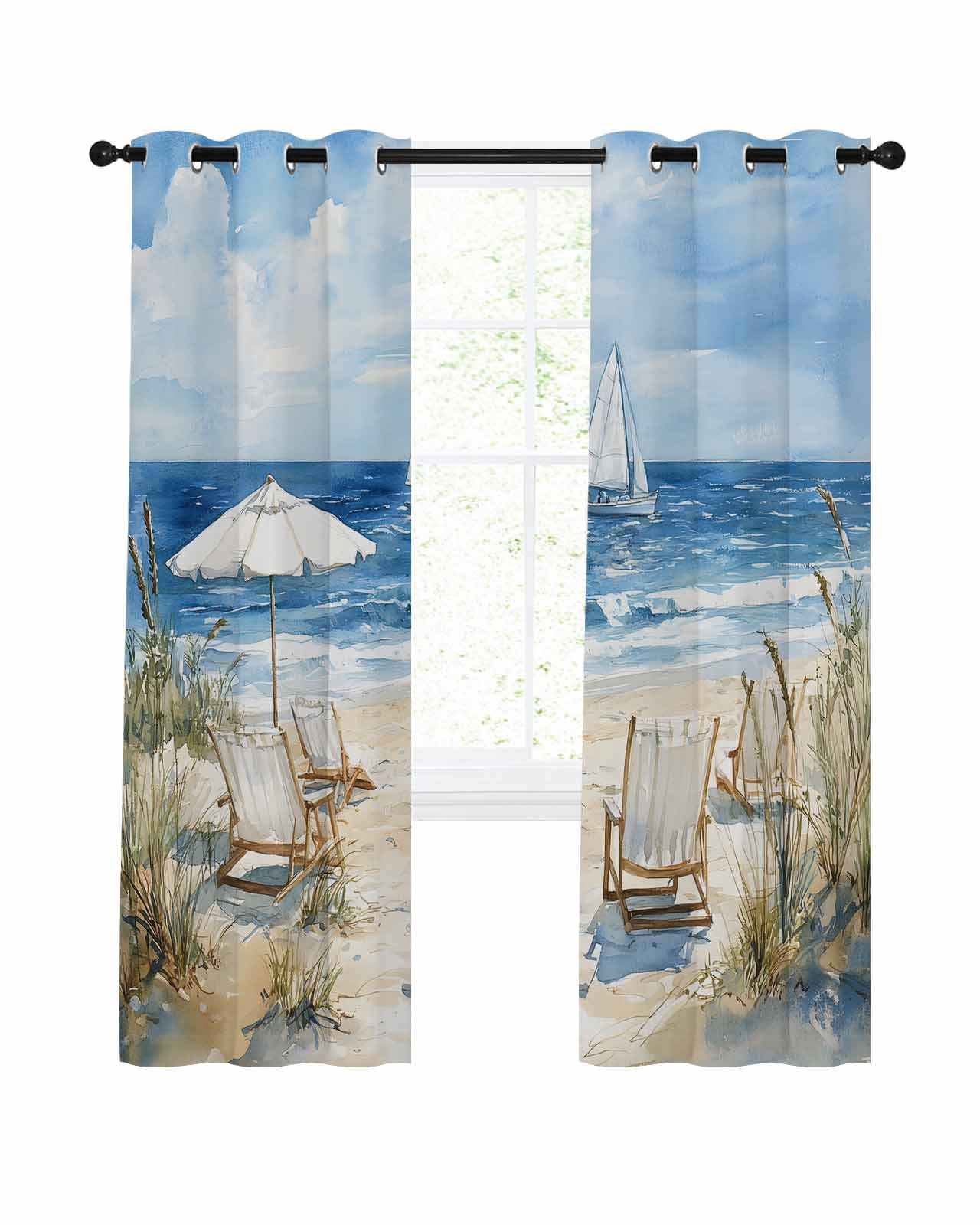 Coastal Wave Bliue Blackout Curtains, Light Blocking Print Window ...