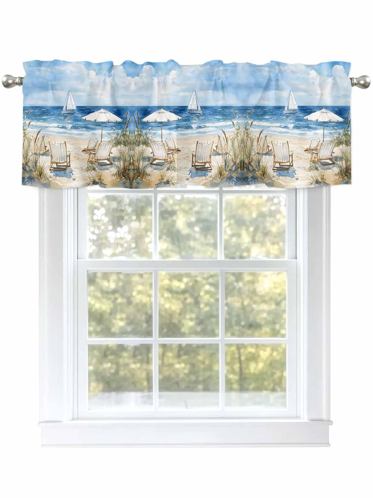 Coastal Wave Bliue Curtain Valances for Windows, Ocean Oil Painting Sea ...